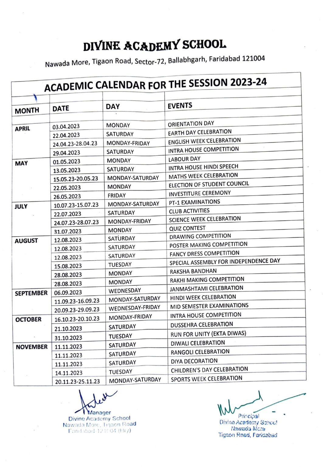 Academic Calendar - Divine Academy