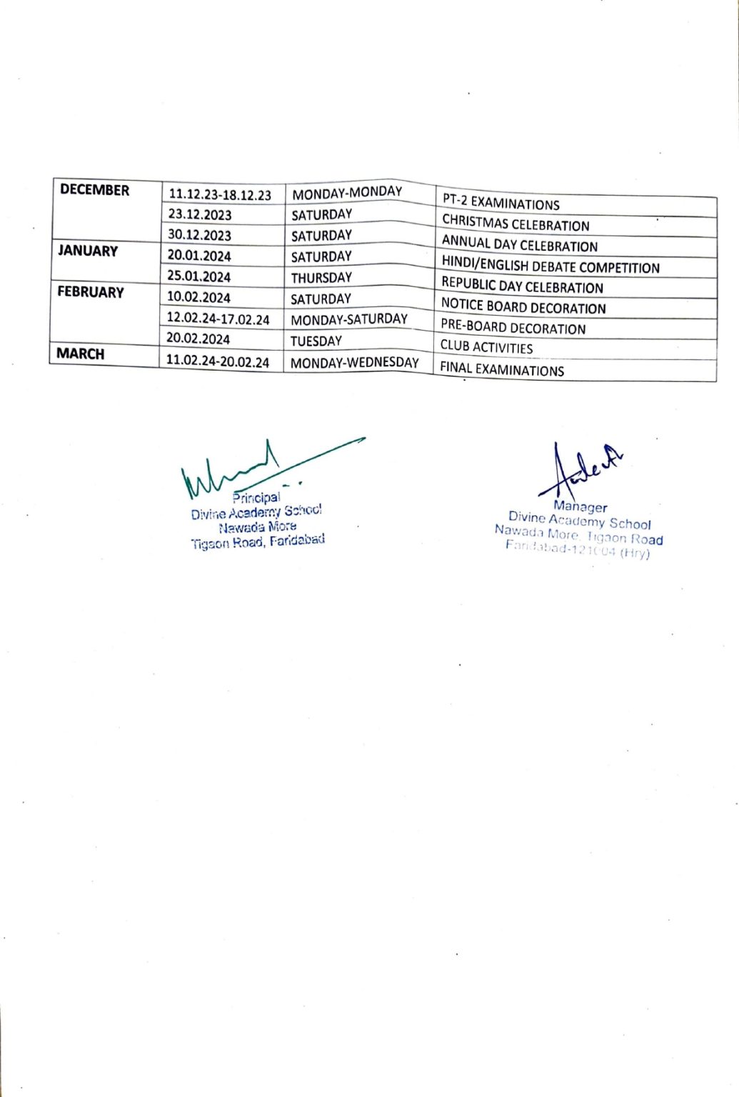 Academic Calendar - Divine Academy